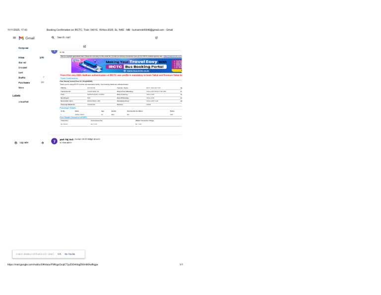 Booking Confirmation On IRCTC, Train - 04015, 18-Nov-2025, SL, NKE - MB ...