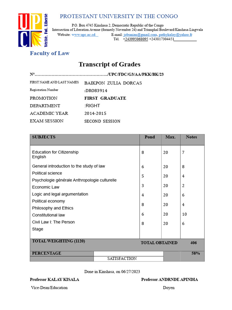 Protestant University Congo Transcript 2023 | PDF