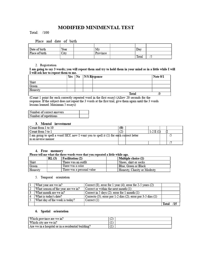 Modified Mini-Mental Test Guide | PDF | Multiple Choice | Memory