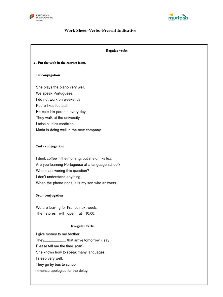 Present Indicative Verb Conjugation Worksheet | PDF | Grammatical ...