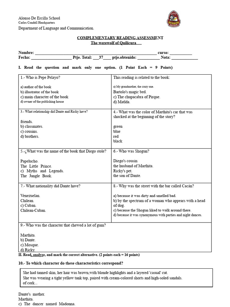 Werewolf Reading Assessment Quiz | PDF