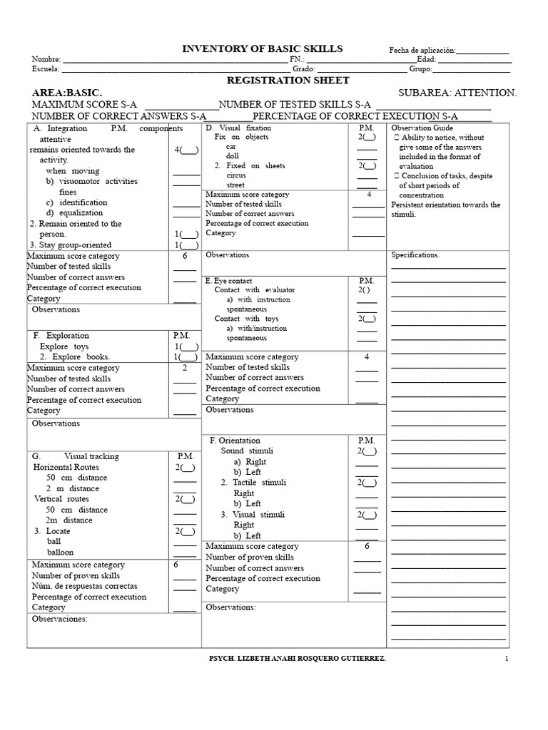 Basic Skills Inventory Liz | PDF | Attention