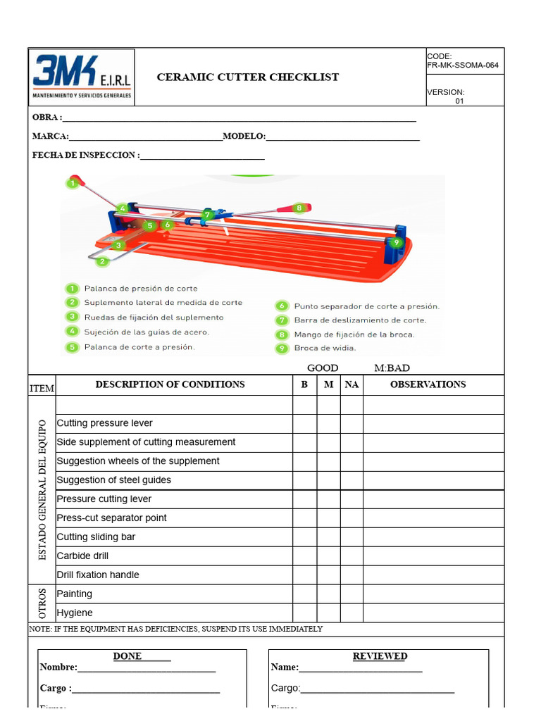 Ceramic Cutter Inspection Checklist | PDF