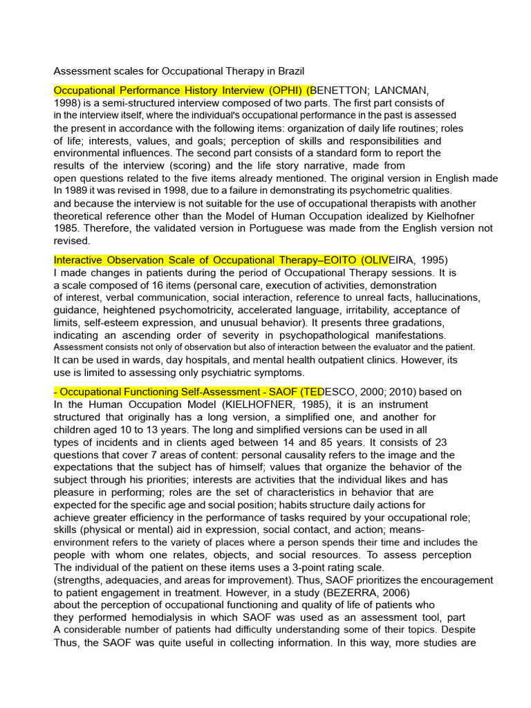 Evaluation Scales For Occupational Therapy in Brazil | PDF ...