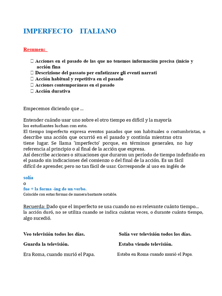 Uso del Imperfecto en Italiano | PDF | Gramática | Mecánica del lenguaje