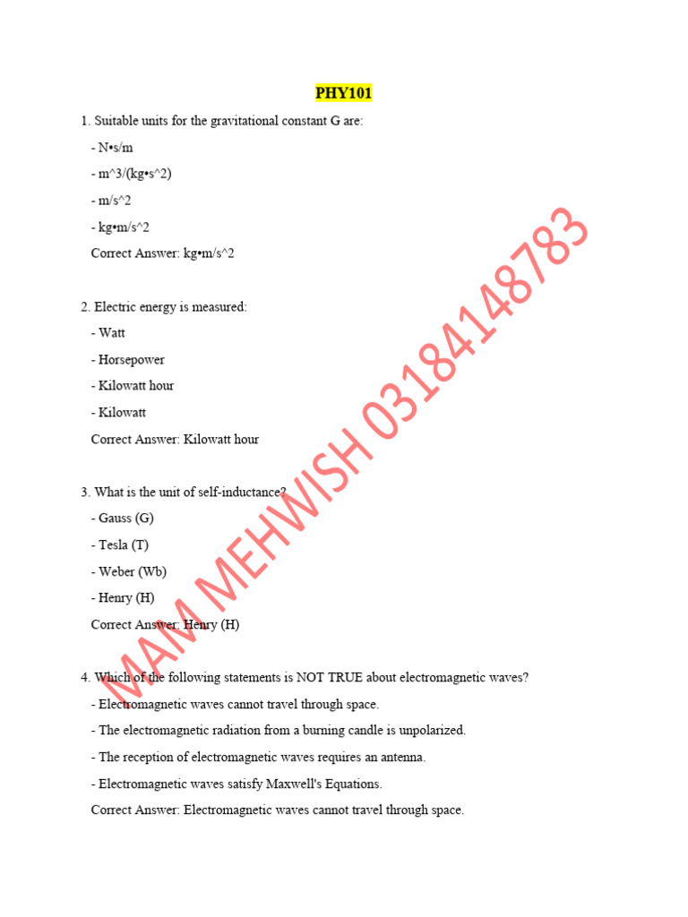 Phy101 Mcqs File | PDF | Force | Waves