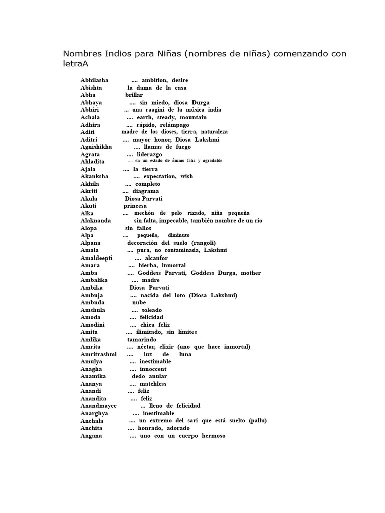 Nombres Indios para Niñas con A, B, C, D, E, G, H | PDF | Deidades ...