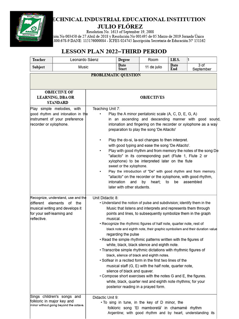04 Music Lesson Plan Fourth Grade III Period | PDF | Rhythm | Songs