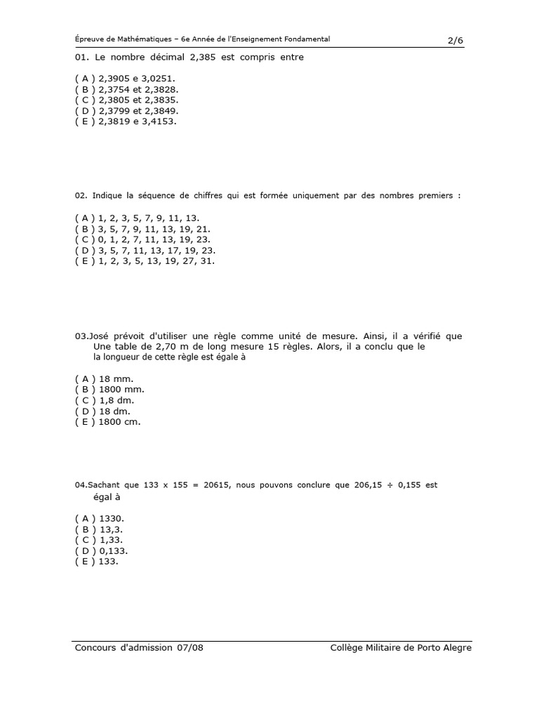 Épreuve de Mathématiques 6e Année | PDF | Arithmétique | Théorie des ...
