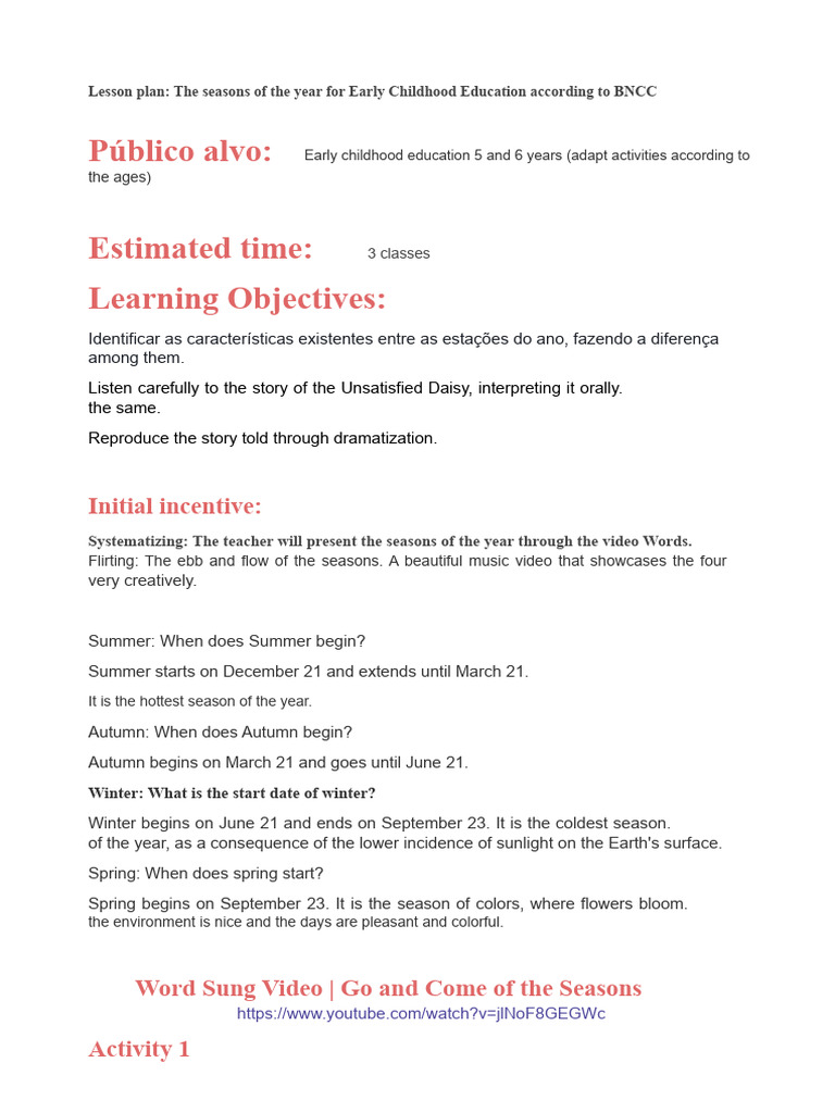 Seasons Lesson Plan for Early Education | PDF