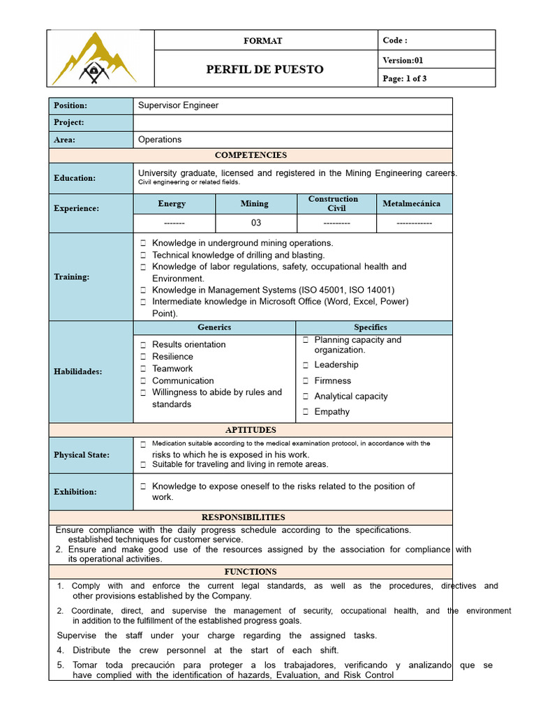 Mining Operations Supervisor Profile | PDF | Occupational Safety And ...