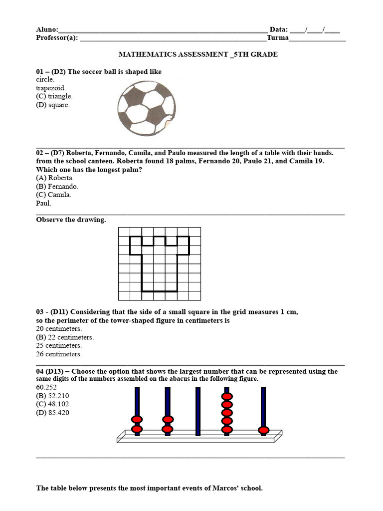 Math Assessment - 5th Grade | PDF | Area | Geometry