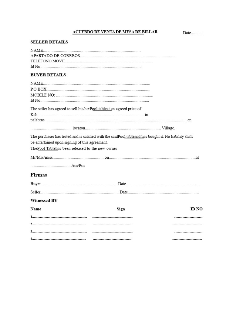 Acuerdo de Venta de Mesa de Billar | PDF