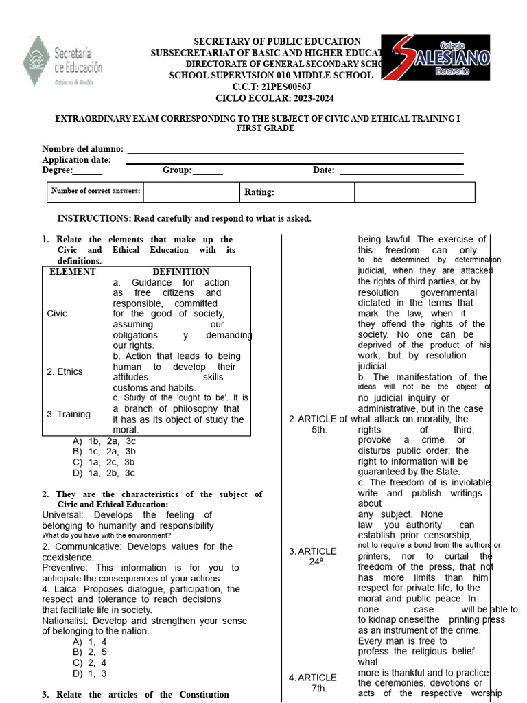 Extraordinary Exam - Fce 1 - Secondary CSB 2023-2024 | PDF ...