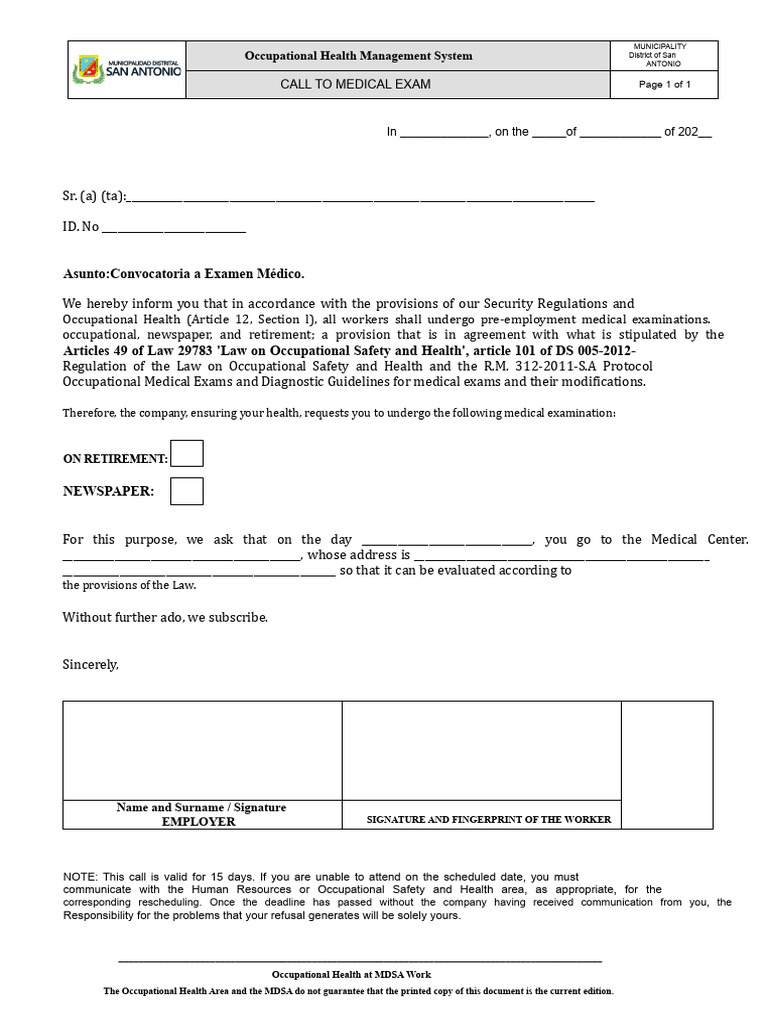 Medical Exam Call for Workers | PDF | Physical Examination ...