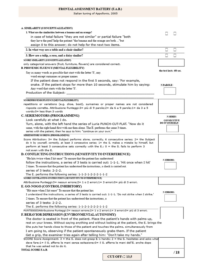 Frontal Assessment Battery (FAB) | PDF | Psychological Concepts ...