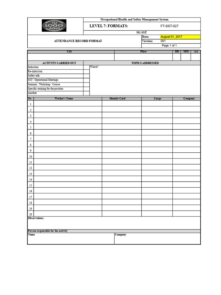 FT-SST-027 Attendance Record Format | PDF