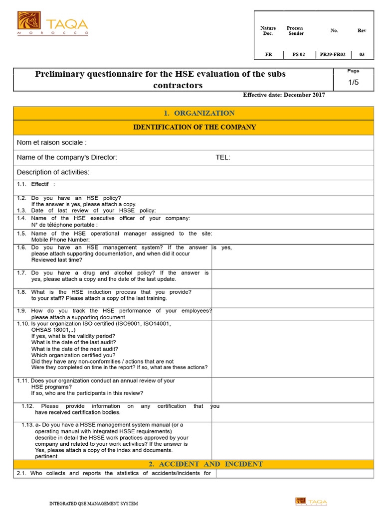 HSE Pre-Evaluation Questionnaire for Subcontractors | PDF | Risk | Risk ...