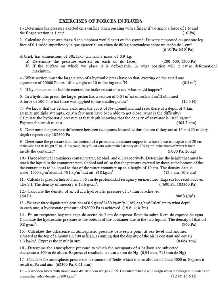 Exercises On Forces in Fluids 4th Year of Secondary Education | PDF ...