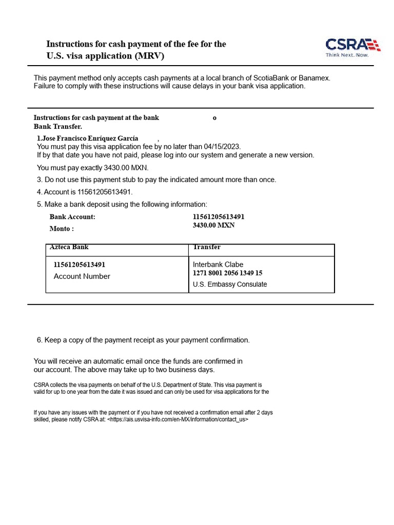 Instructions For Cash Payment of The Fee For The U.S. Visa Application ...