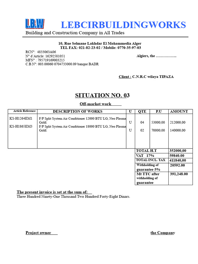 Building Invoice for Air Conditioning Works | PDF