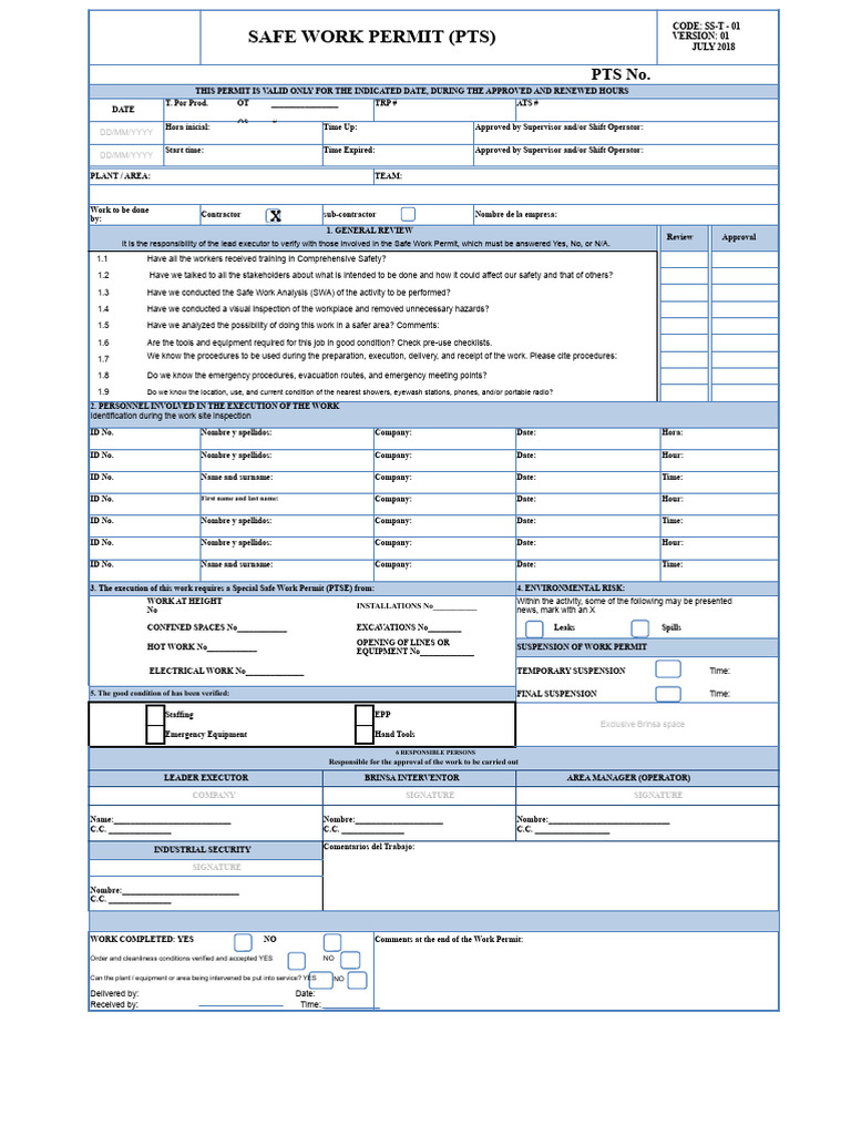 Safe Work Permit Template (PTS) | PDF | Safety | Occupational Safety ...