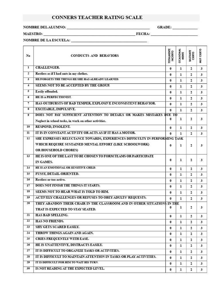 Conners Teacher Rating Scale Overview | PDF | Attention Deficit ...