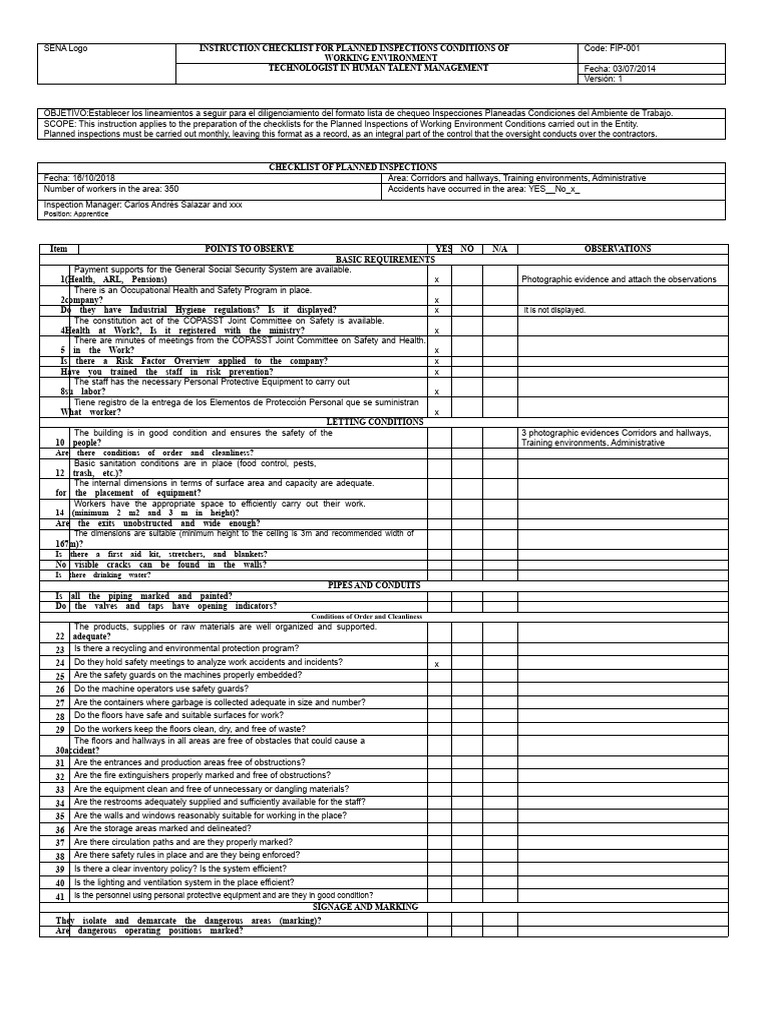 Checklist Format For Planned Inspections | PDF | Occupational Safety ...