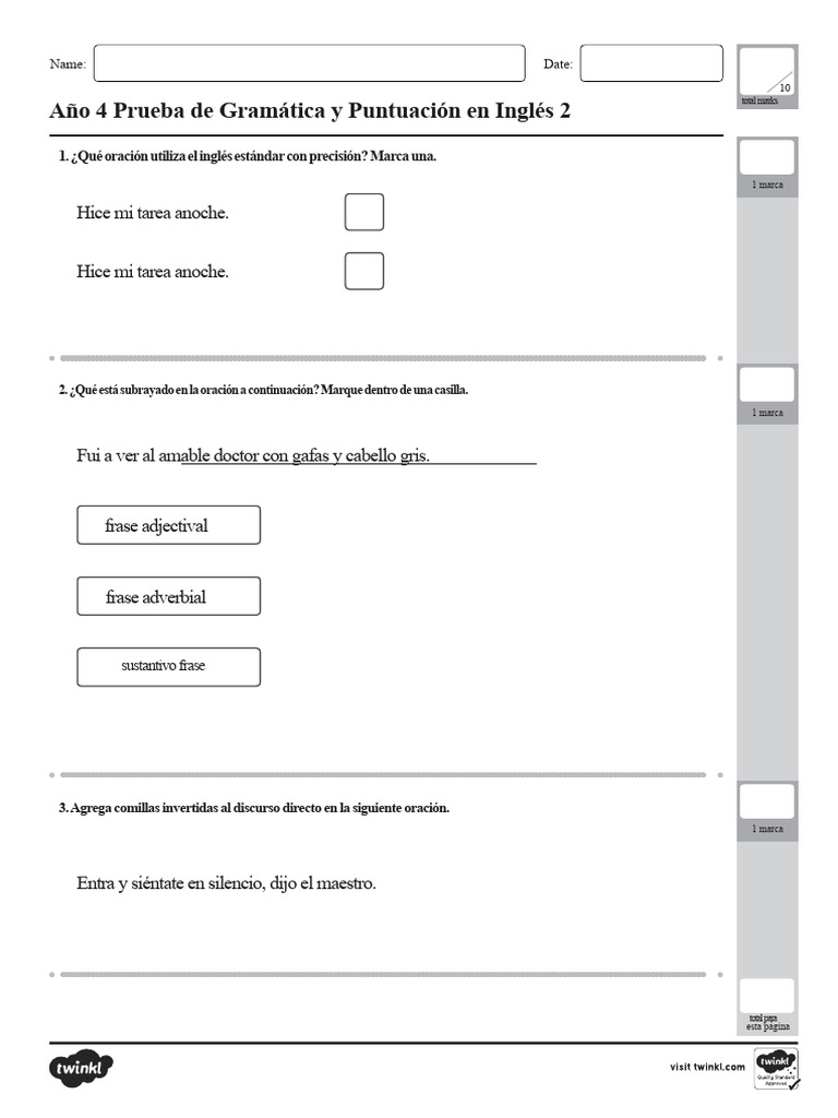 Prueba de Gramática y Puntuación de Inglés Del Año 4 2 (Hecho para El ...