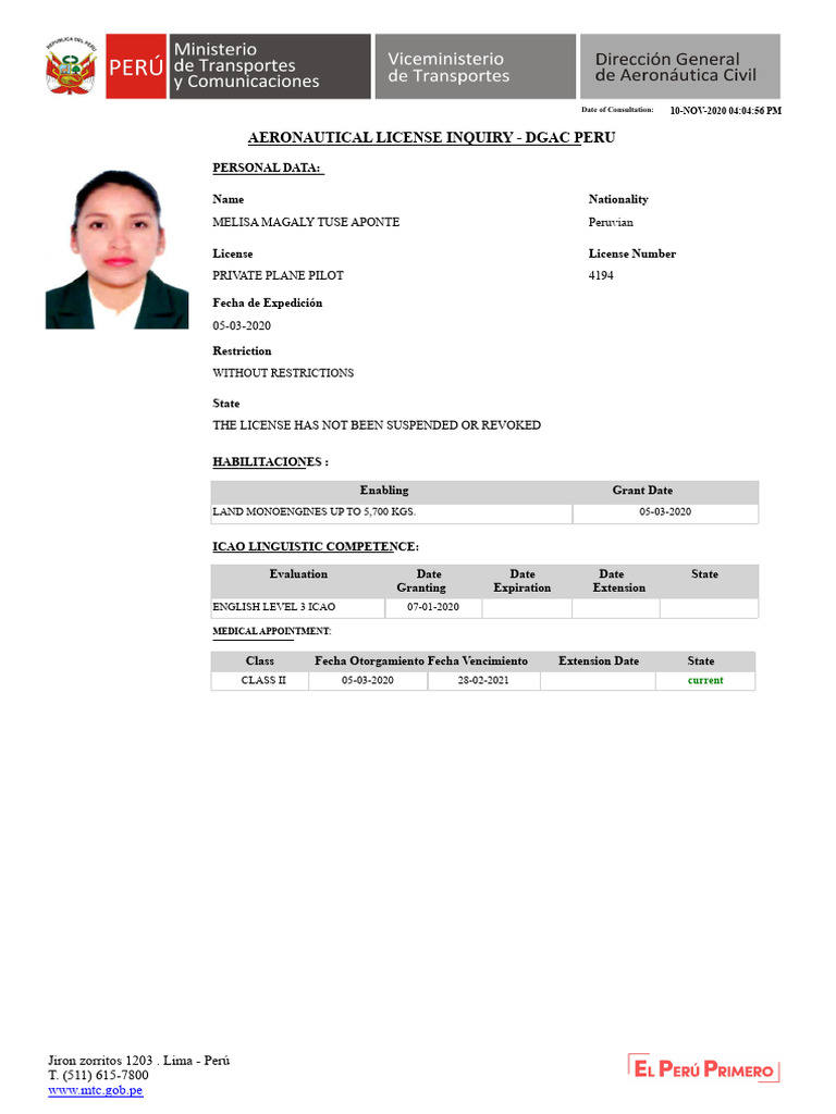 DGAC Peru Aeronautical License Details | PDF