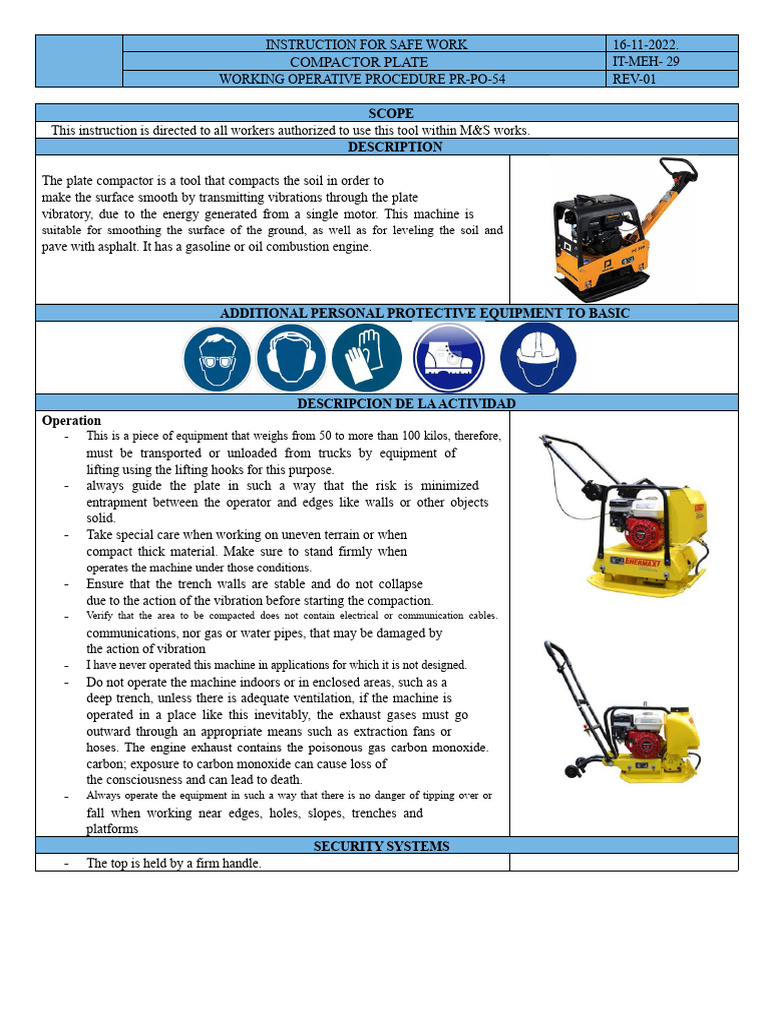 Safe Operating Instructions for Plate Compactor | PDF | Engines ...