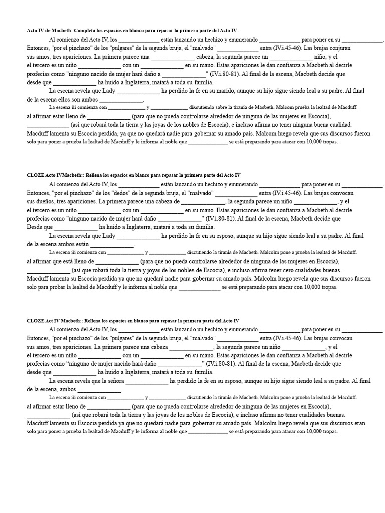 CLOZE Acto IV Macbeth | PDF | Macbeth | Personajes de Shakespeare