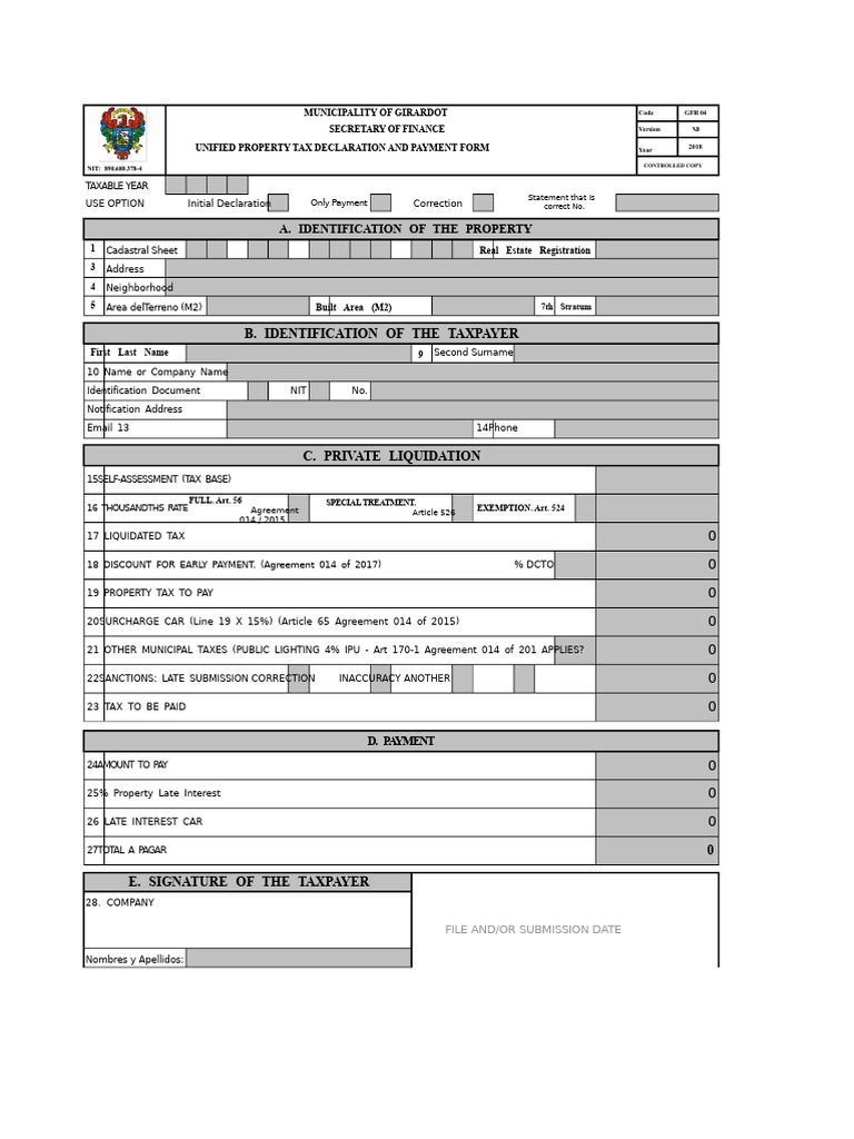 Girardot 2018 Unified Property Tax Form | PDF | Property Tax | Taxes