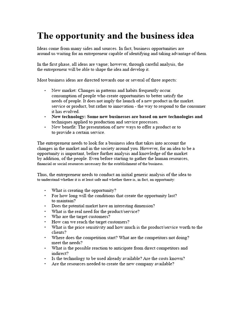 The Opportunity and The Business Idea | PDF | Entrepreneurship | Innovation