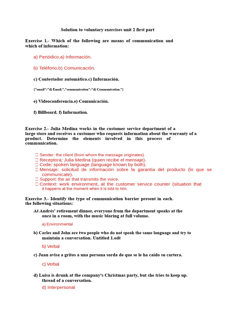 Solution Exercises Unit 2 First Part | PDF | Communication | Human ...
