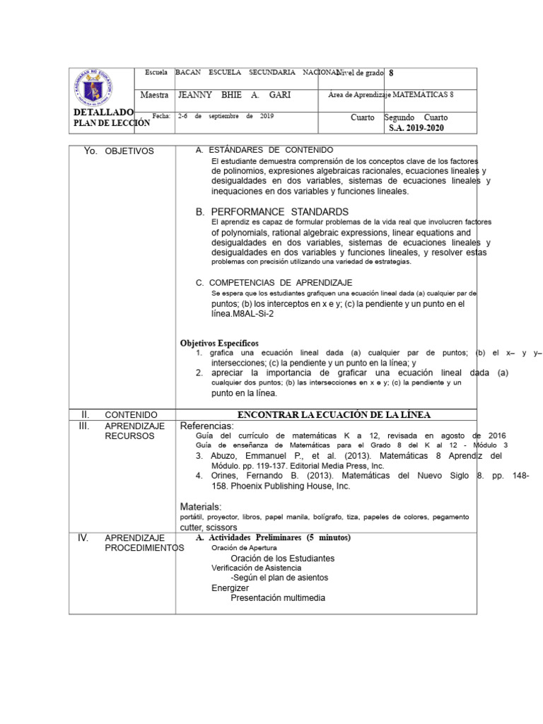 Plan de Lección Detallado para Encontrar La Ecuación de La Línea | PDF ...