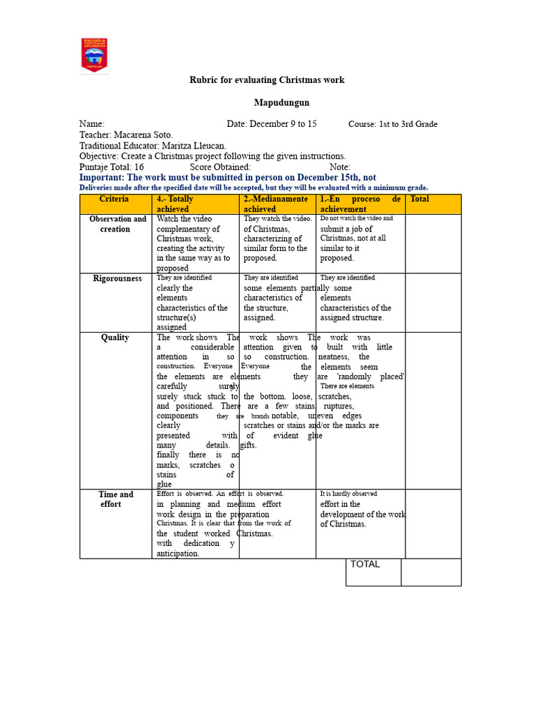 Rubric For Evaluating Christmas Work in Mapuzungun For 1st To 3rd Grade ...