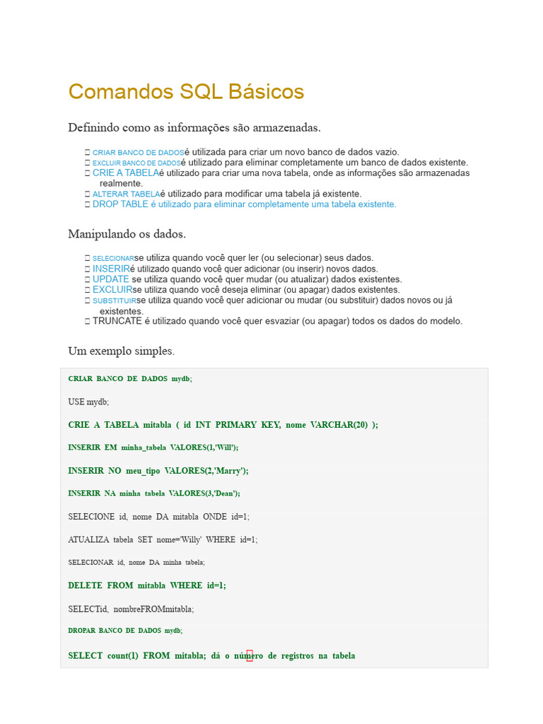 Comandos SQL Básicos | PDF | SQL | Tabela (banco de dados)