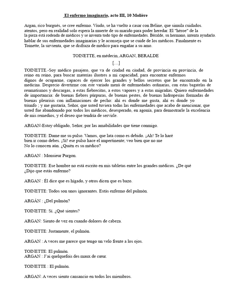 El Enfermo Imaginario Estudio Lineal Acto III, 10 Alumno Texto y Cuadro ...