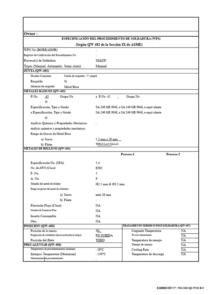 Especificación WPS SMAW ASME QW 482 | PDF | Soldadura | Construcción