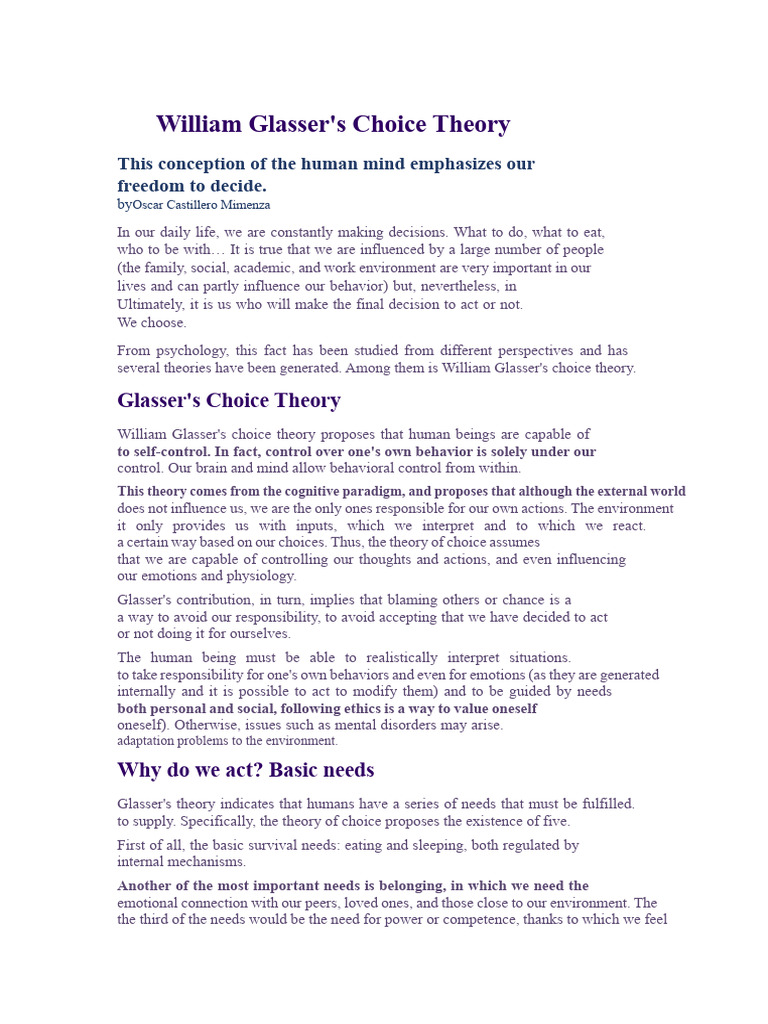 Understanding Glasser's Choice Theory | PDF | Emotions | Mind