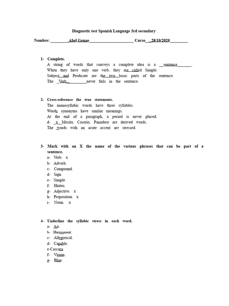 Spanish Language Diagnostic Test 3rd Year of Secondary School | PDF