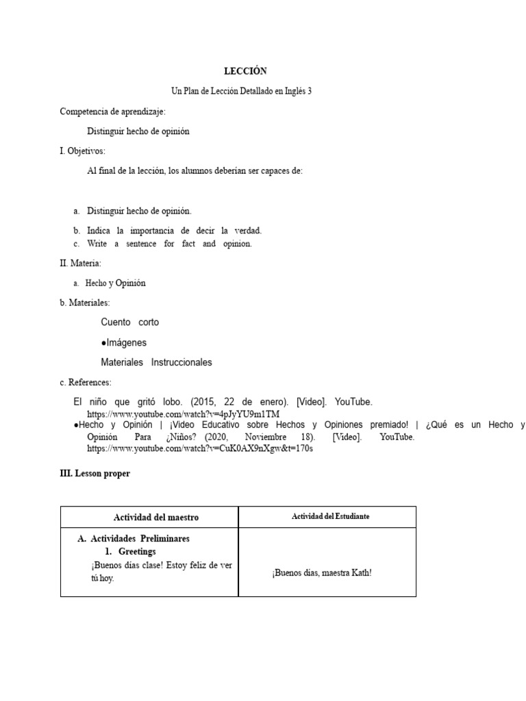 Plan de Lección de Hechos y Opiniones para Tercero de Primaria | PDF