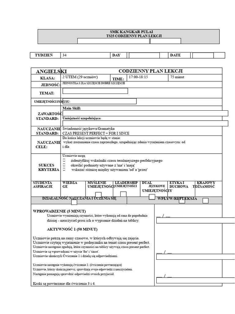 codzienny plan lekcji forma 1 i forma 2 | PDF