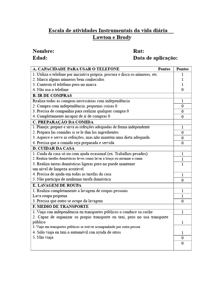 Avaliação de Atividades Diárias: Lawton e Brody | PDF