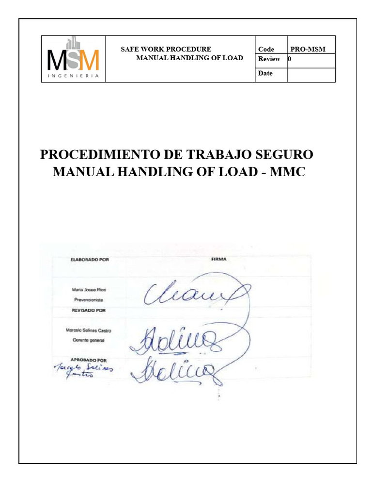 Safe Work Procedure Manual Handling of Loads | PDF