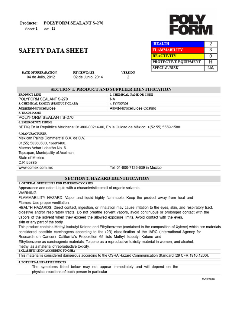 Safety Data Sheet: Polyform Sealant S-270 | PDF | Personal Protective ...