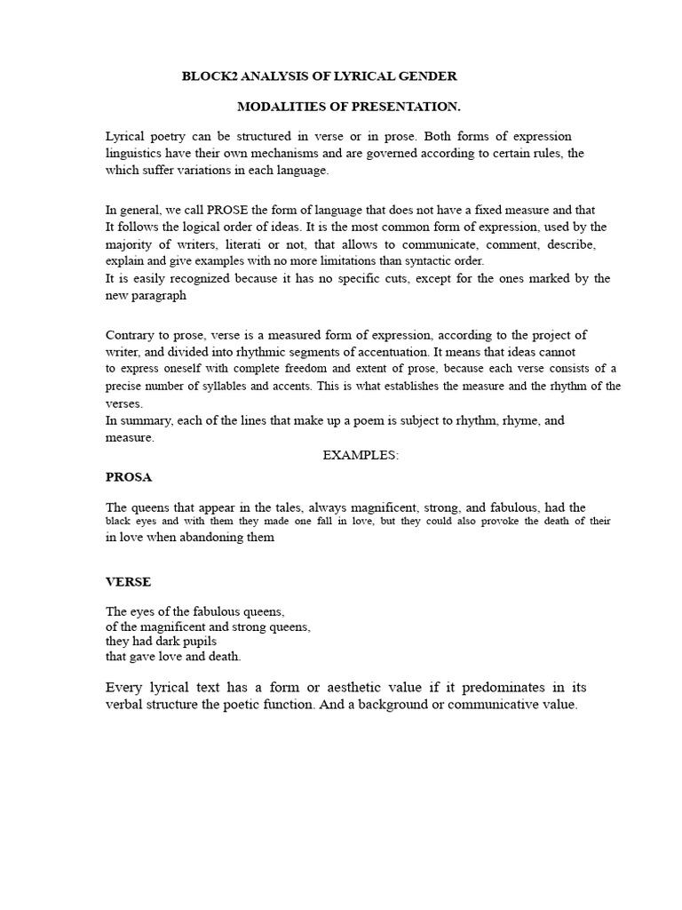 Block 2 Analysis of Lyrical Genre | PDF | Poetry | Metre (Poetry)