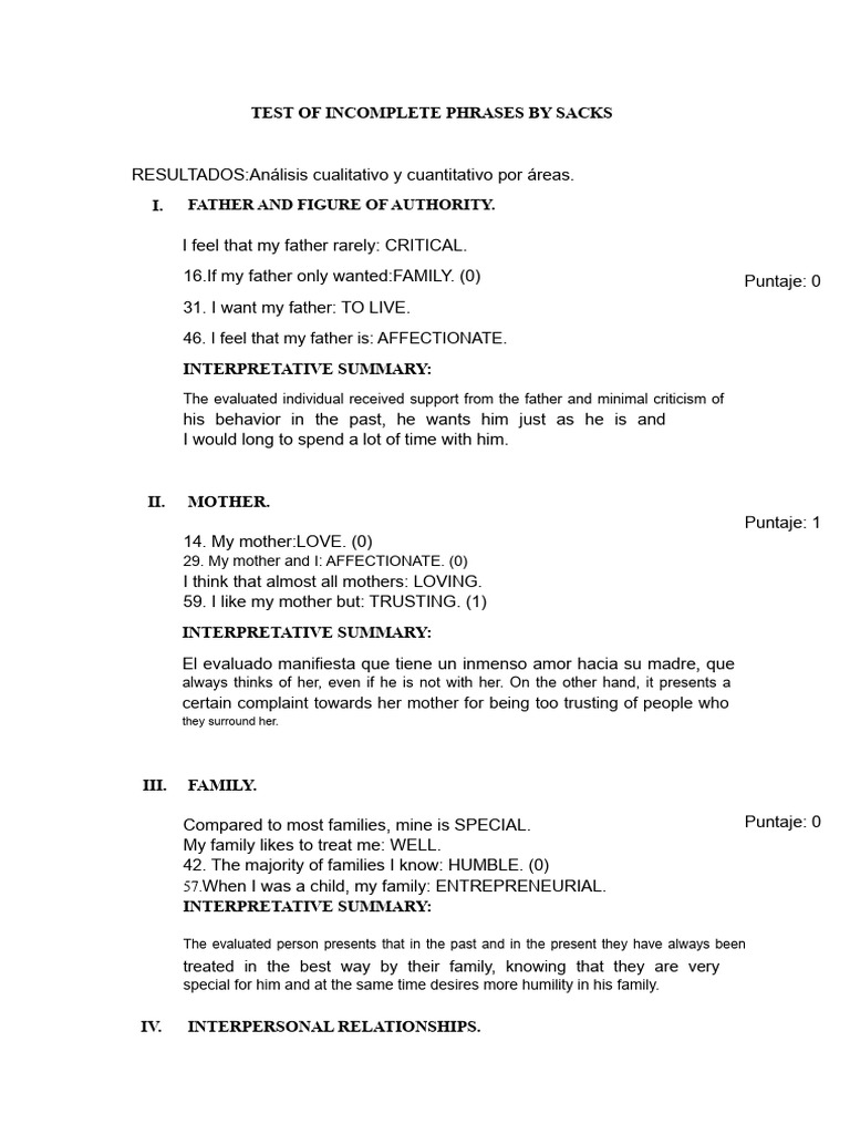 Sacks Incomplete Phrases Test Analysis | PDF | Attitude (Psychology) | Fear