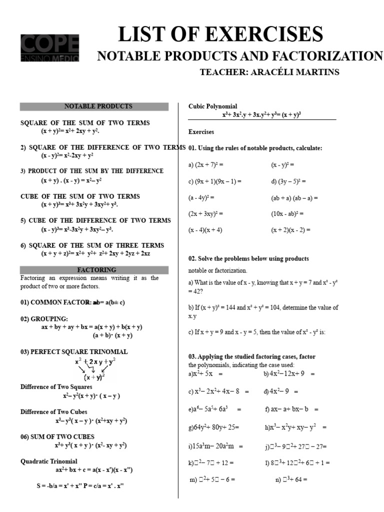 Notable Products and Factorization | PDF | Factorization | Numerical Analysis